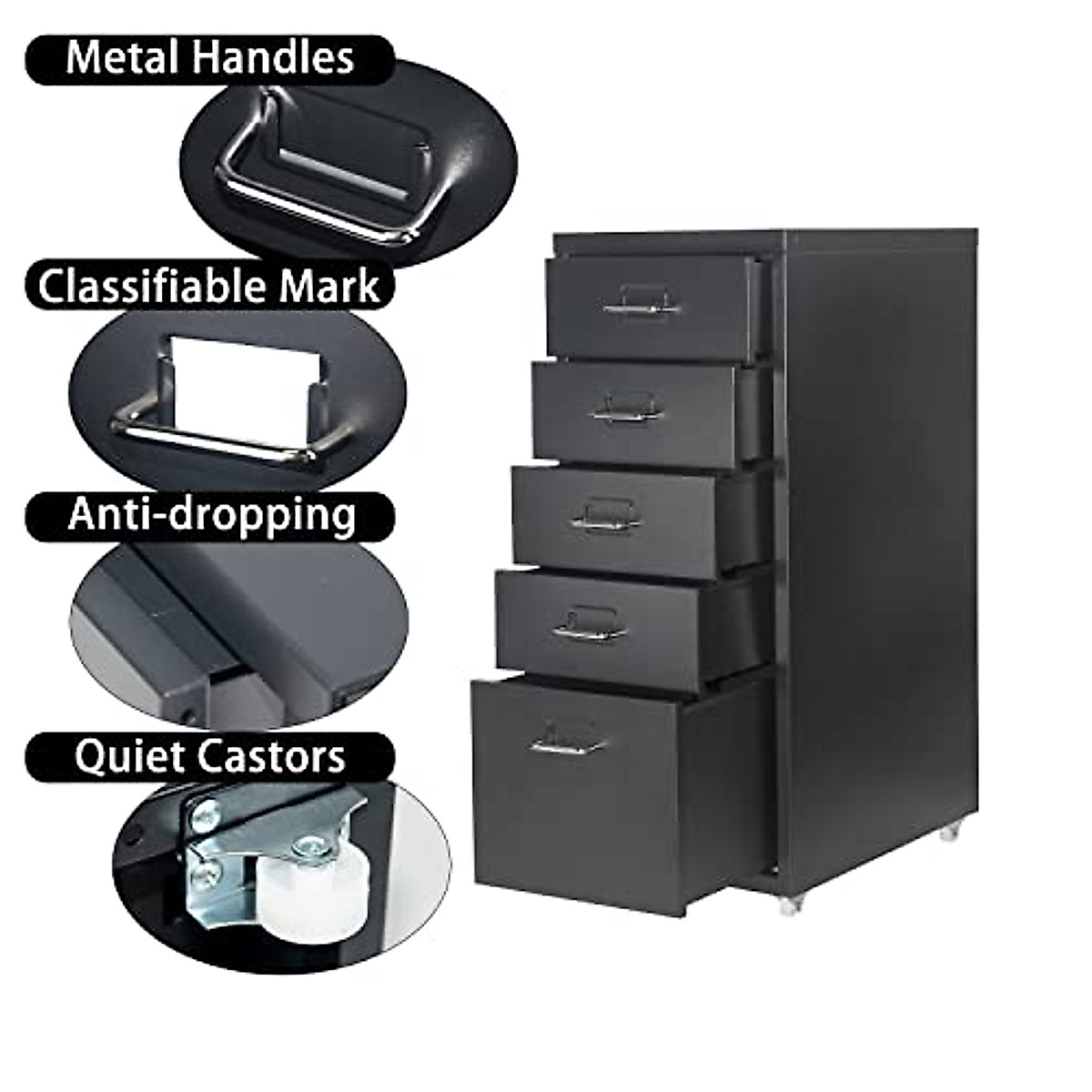 corpuwn 5 Drawer Mobile Storage Cabinet, 27" Metal Storage Dresser Cabinet with Castor Wheels,16" Deep Small Organization Chest for Home Office,Easy Assembly Without Screws,Black