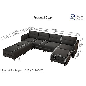 LLappuil Modular Sectional Sofa with Storage U Shaped Couch with Reversible Chaise Luxury Velvet Sofas for Living Room 4 Seats with 3 Ottomans Denim Black Grey