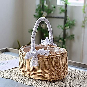 Rattan Flower Girl Hand Basket for Wedding Picnic, Retro Hand Woven Basket with Handle for Home Garden Decor(S)