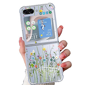OOK Clear Design for Samsung Galaxy Z Flip 5 Case with Flower Clear Floral Phone Case Shockproof Hard PC Back Protective Cover for Women Girls Green Flower Case for Galaxy Z Flip 5 (wild-flowers)