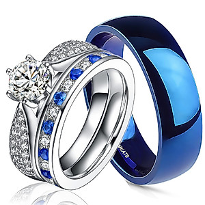 His and Hers 925 Sterling Silver Blue Saphire Stainless Steel Wedding Rings Set Blue #SP24BLMSBL (Size His 10, Hers 07)