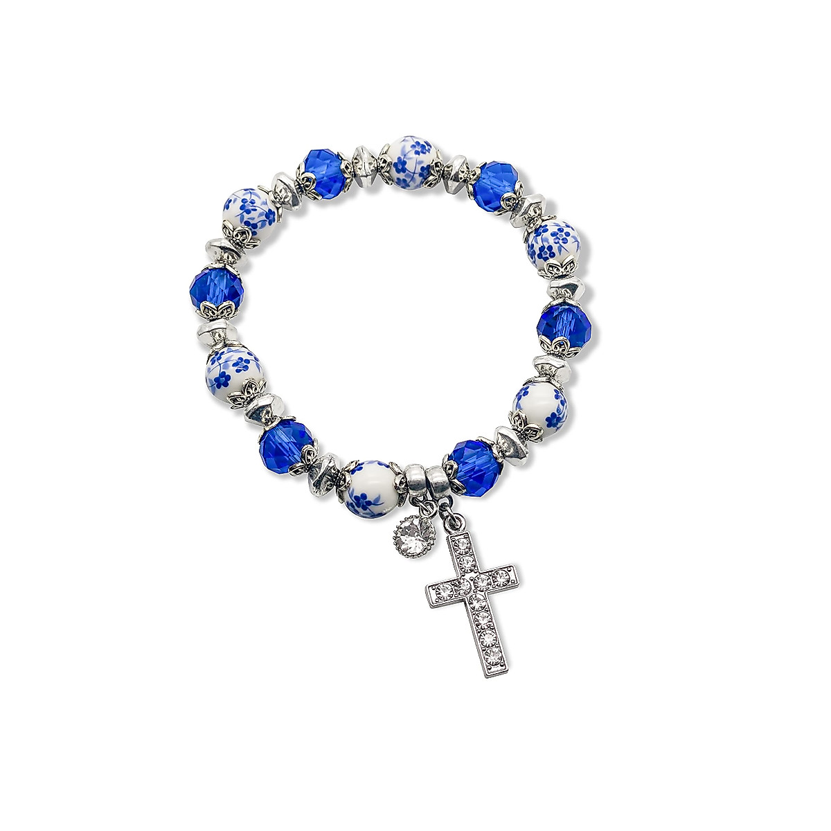 Nazareth Store Handmade Crystallized Glass Beads Cross Bracelet with Ceramic Flower Beads Religious Christian Bangle for Women and Men (Blue)