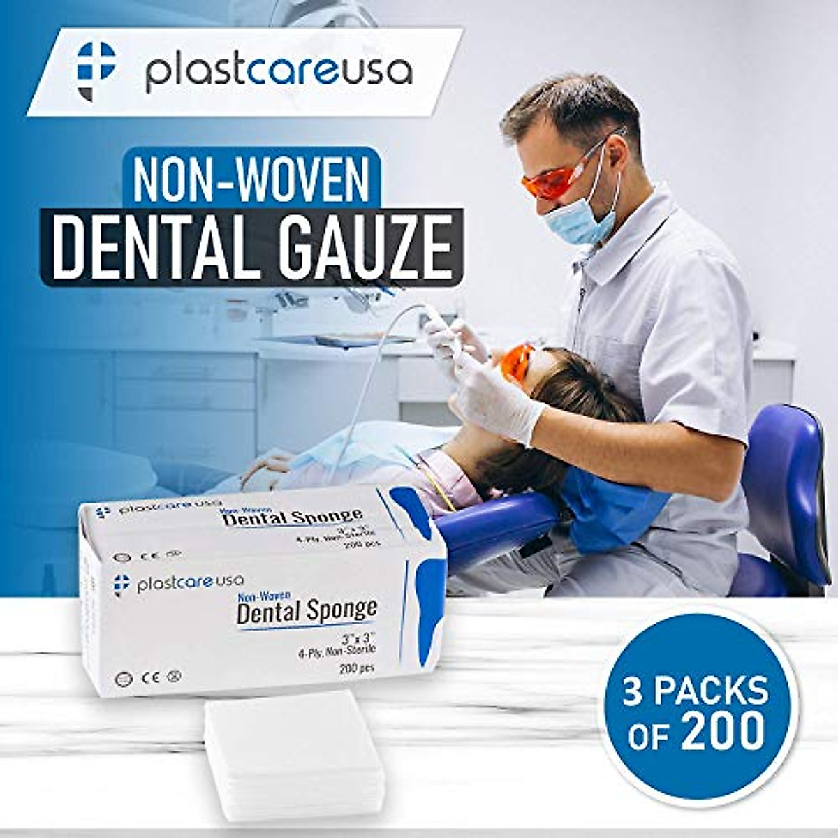 600 Count Gauze Pads 3x3 - Soft 4-Ply Non Woven Gauze Sponges - Non Sterile Dental Gauze & Esthetic Wipes - All Purpose Medical Gauze Squares for First Aid, Surgical, Wound Dressing (3 Packs of 200)