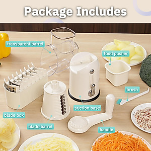 ENERGEVITY Manual Rotary Cheese Grater with Handle, 5 in 1 Replaceable Stainless Blades Cheese Shredder,Strong Suction Base Vegetable Slicer with Cleaning Brush & Bonus Storage Box for Blades (green)