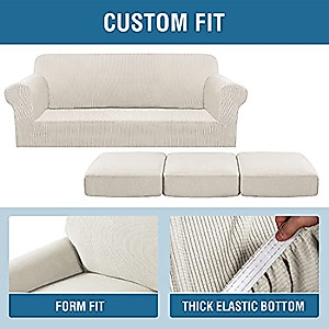 H.VERSAILTEX 4 Piece Stretch Sofa Covers for 3 Cushion Couch Covers for Living Room Furniture Slipcovers (Base Cover Plus 3 Seat Cushion Covers) Upgraded Thicker Jacquard Fabric (Sofa, Ivory)