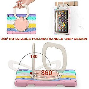 KENOBEE All-New Fire HD 10 & Fire HD 10 Plus Tablet (10.1", 11th Generation, 2021) Case, 360 Rotating Stand Multi-Functional Grip Rugged Heavy Duty Shockproof Protective Kickstand Cover,Rainbow Pink
