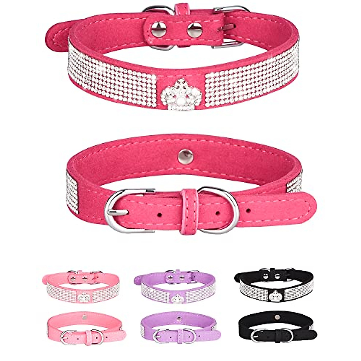 Bling Dog Collar for Small Medium Large Dogs, Crown Rhinestone Dog Collars for Girl and boy Dog, Diamond Puppy Collars, Adjustable Leather Suede SOFE Cat Collar (XS(8.2"-10.6"/21CM-27CM), Rose Red)