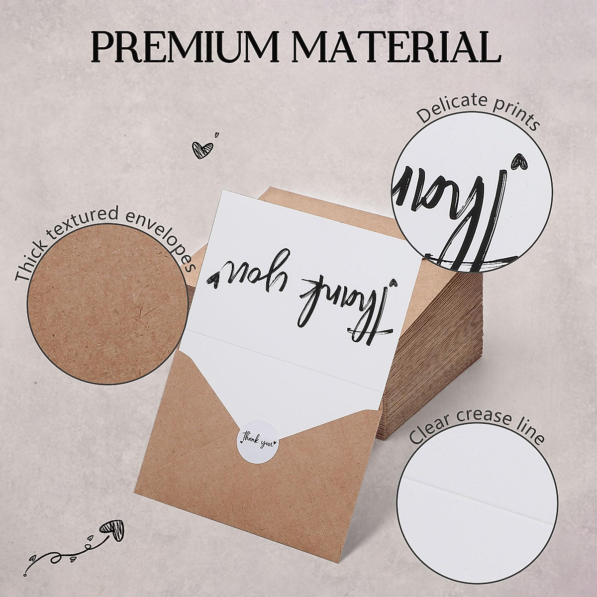 100 Thank You Cards 4x6 Inch, with 100 Kraft Envelopes and 120 Stickers, Minimalistic and Professional Looking for Business Wedding Graduation Baby Shower Bridal Shower