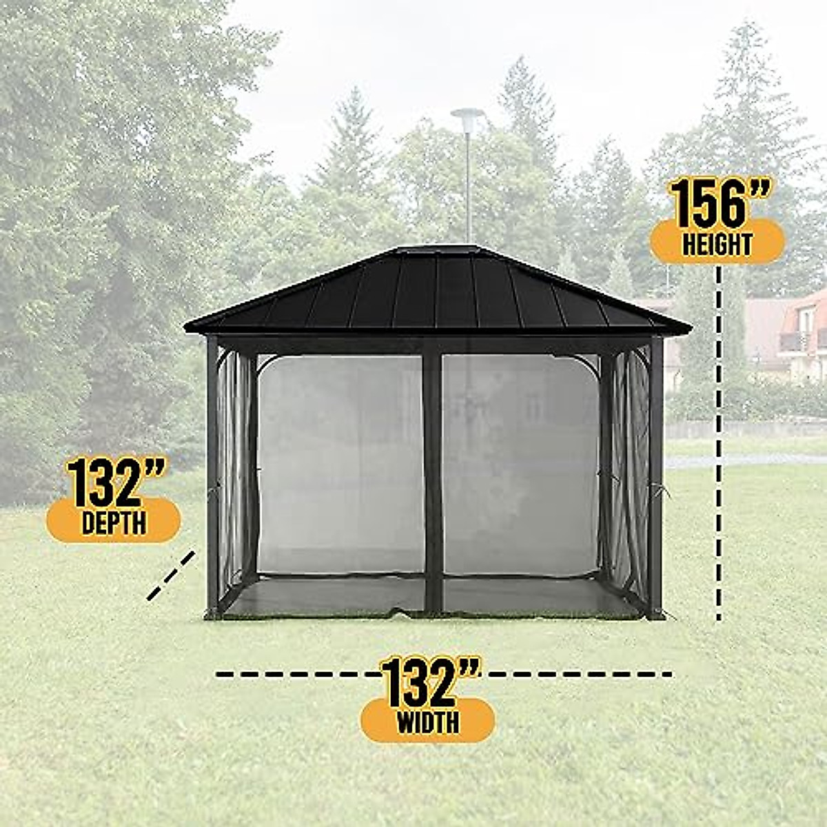 Sunjoy Hildreth 11 x 13 Foot Screened Gazebo Canopy Outdoor Pergola Tent with Steel Roof and Aluminum Posts for Backyard Patio Shade, Black