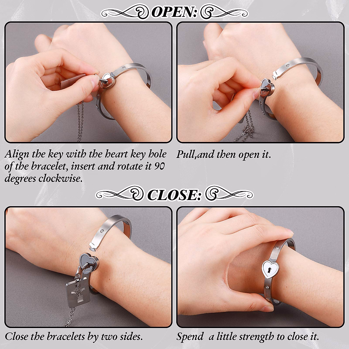 Hicarer 2 Sets Couple Heart Charm Lock Bracelet and Key Necklace Lock Matching Bangle Titanium Steel Couples Jewelry Set for Valentine's Day Wedding Anniversary (Classic Styles)