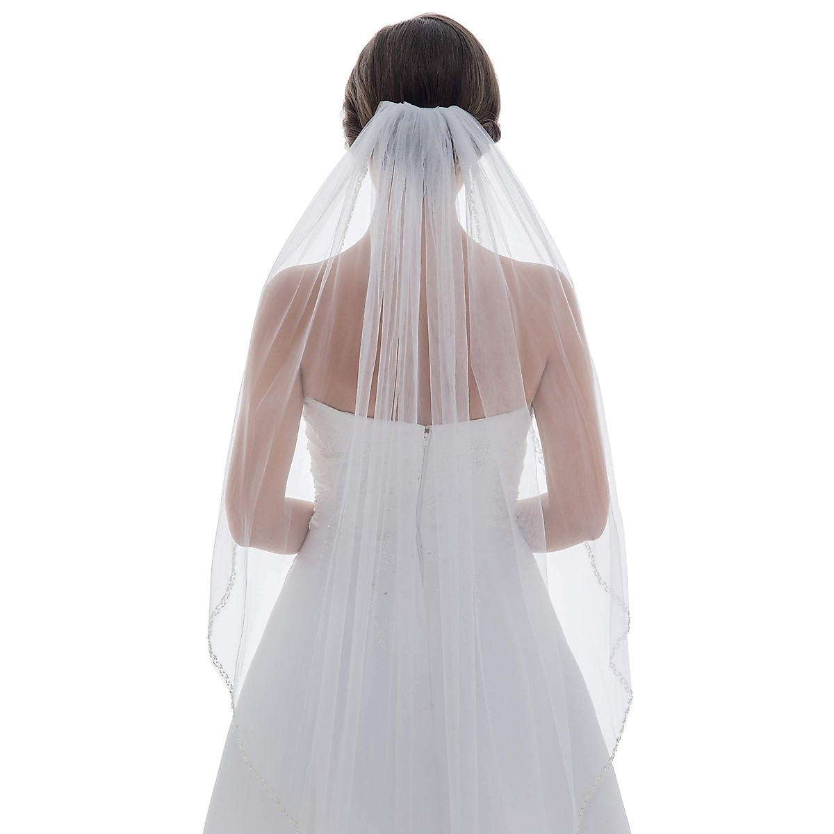 SAMKY 1T 1 Tier Double Row Alternating Crystal Beaded Veil - Light Ivory Fingertip 36" V493