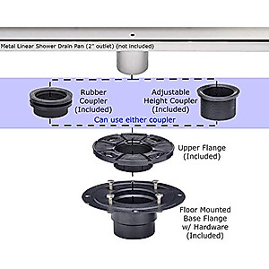 Shower Drain Base with Adjustable Ring + Rubber Coupler for Linear Shower Drain Installation
