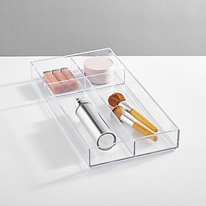 mDesign Plastic Divided Makeup Organizer Holder Tray for Bathroom Drawer, Vanity, Countertop Storage - Cosmetic Organization Holds Palettes, Brushes, Accessories - Lumiere Collection - Clear