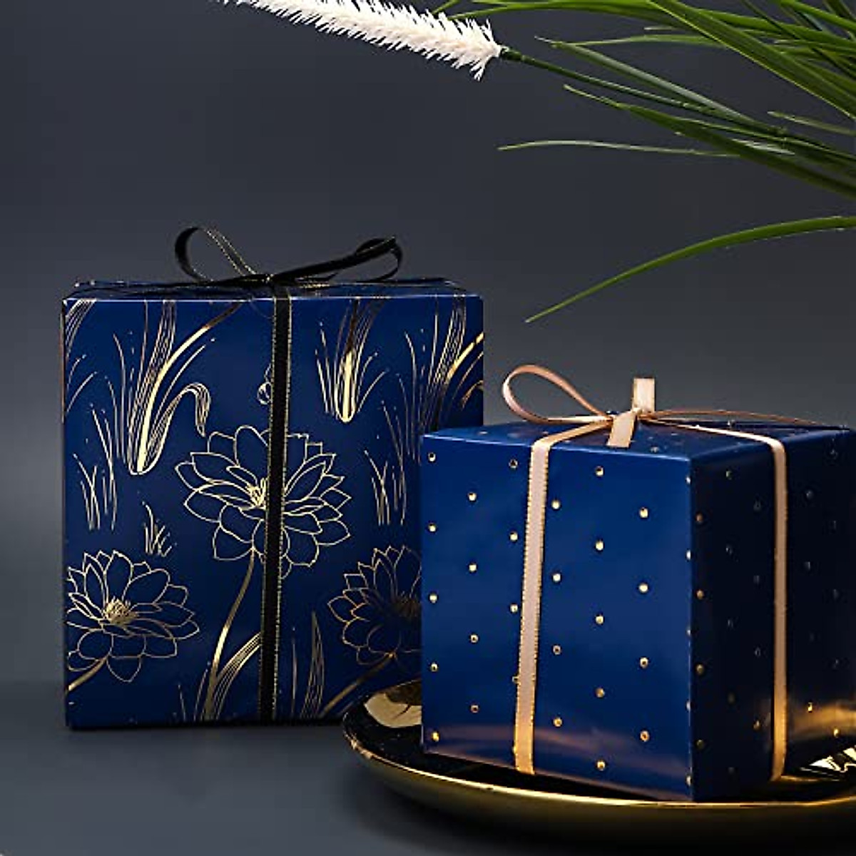 LeZakaa Floral Wrapping Paper Roll - Mini Roll - Gold Stamping Design - Lotus/Star/Dot for Wedding, Bridal Shower, Birthday - 17 x 120 inches - 3 Rolls (42.5 sq.ft.ttl.)