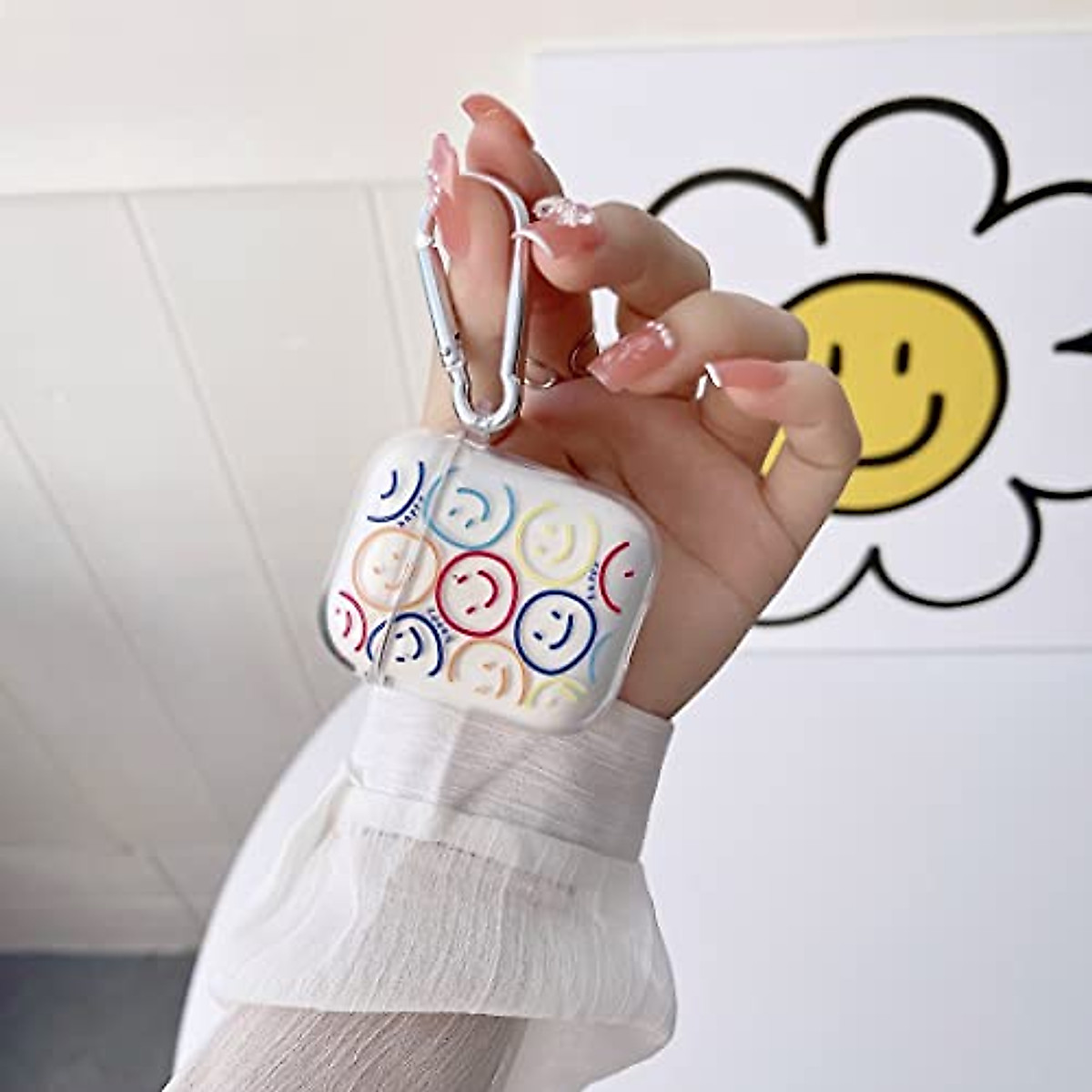 Airpods Case Cover,JANDM Cute Double Side Smiley Face Clear Soft Silicone Smooth Shockproof with Keychain Girls Kids Women airpods smiley face Case for Airpods 2 & 1 Charging Case Cover