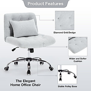 Armless Fabric Office Desk Chair with Wheels, Cross Legged Wide Seat Chair, Modern Home Office Chair with Lumbar Pillow, Comfortable Computer Task Chair for Small Space, Vanity Chair for Women, Girls