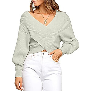 ANRABESS Women’s 2022 Fall Fashion Long Sleeve Off Shoulder Crissover V Neck Knit Cropped Sweater Top 641qianhui-S Gray