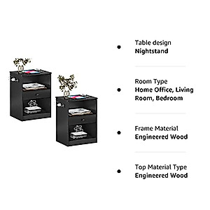 EPHEX Set of 2 Nightstand with Charging Station and Drawer, End Side Table with USB Ports & Power Outlet, Bedside Table Storage Cabinet with 2 Open Drawers for Bedroom, Black