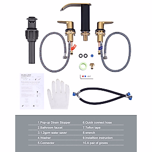 WOWOW Waterfall Bathroom Faucet 3 Holes 8Inch Widespread Bathroom Sink Faucet, Two Handles Lavatory Vanity Sink Faucets with Pop-up Drain & Supply Hoses, Modern Faucet Mixer Taps Black and Gold