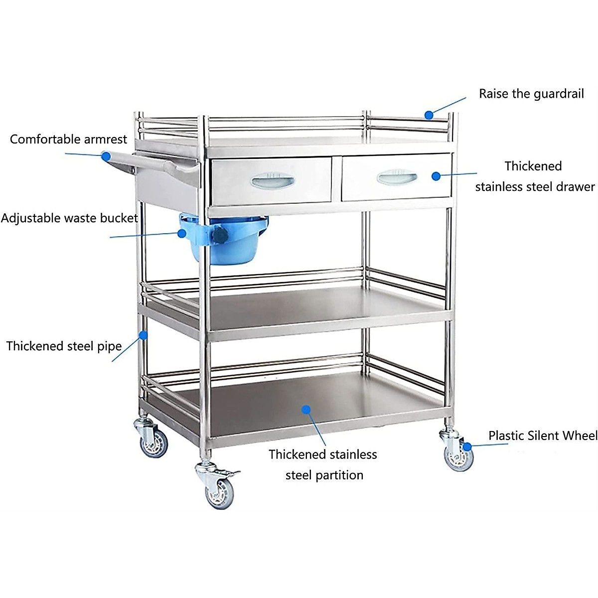 Laboratory Trolley, Thick Stainless Steel Multi-Layer Tool Storage Rack Cart with Drawers and Universal Wheels, Catering Service Cart, Suitable for Clinic Dentistry, Hotel Restaurant ( Size : 2-Layer