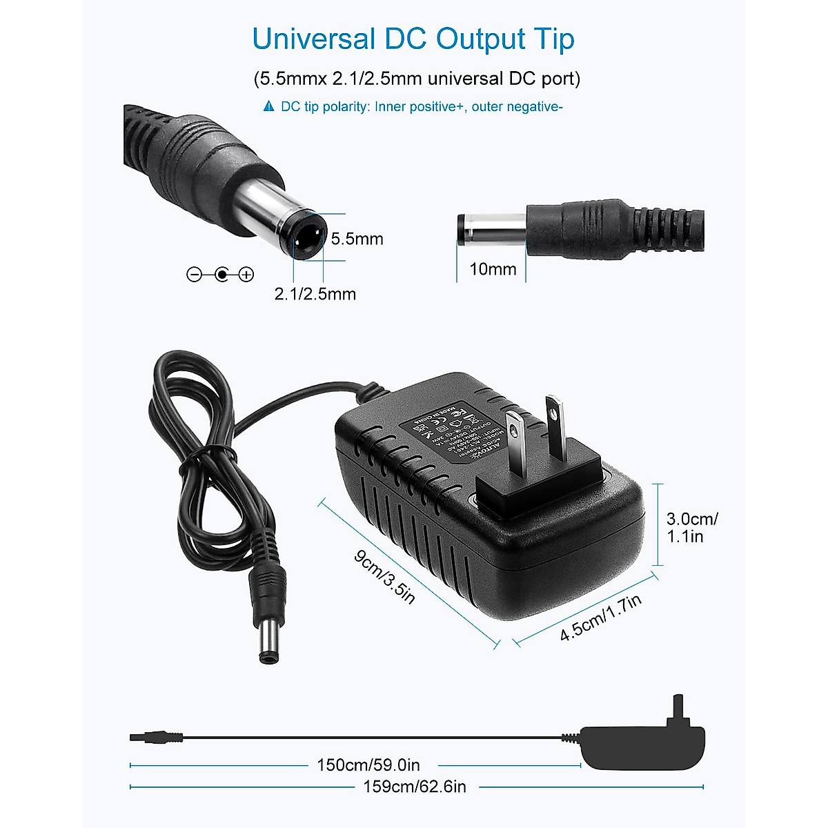 ALITOVE 24V 1A 24W DC Power Supply Adapter 100~240V AC to DC 24 Volt 1 Amp Converter 24 vdc 1000mA 800mA 600mA 400mA 200mA with 5.5mm x 2.5mm 2.1mm Plug for LED Strip Light CCTV Camera DC Pump