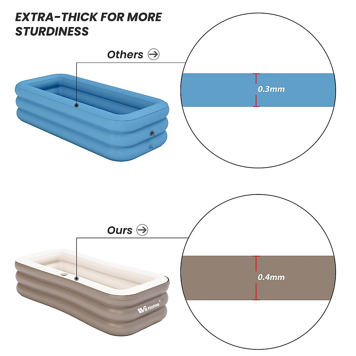 WBHome Inflatable Bath Tub PVC Portable Adult Bathtub Bathroom SPA with Electric Air Pump, Cup Holder, Phone Pocket, 118 inch Long Pipe