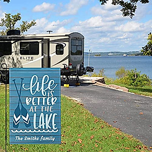 Personalized Life is Better at the Lake Garden Flag, Custom Personal Information Linen Lake House Yard Outdoor Decor Welcome Flag, Double Sided 12" x 18"