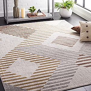 Safavieh Palma Collection 4'5" x 6'5" Beige/Light Grey PAM328A Mid-Century Modern Contemporary Geometric Stripe Non-Shedding Area Rug