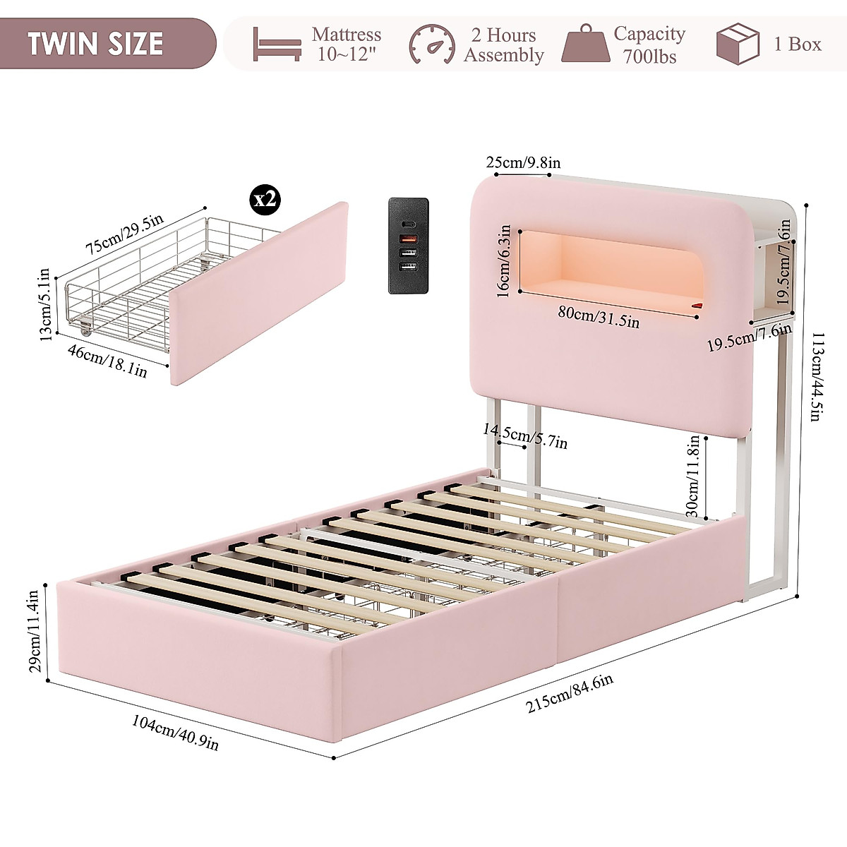 HOSTACK Twin LED Bed Frame with Storage Headboard and Charging Station, Girls Bed Frame with 2 Drawers and USB Ports, Velvet Upholstered Platform Bed Frame with Bookcase, No Box Spring Needed, Pink