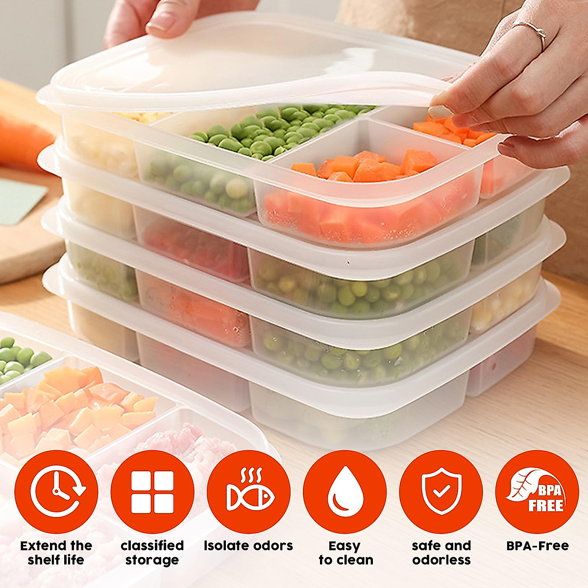 KKONHII 4 Pcs Divided Veggie Tray with Lid and Food Clip, 5 Compartment Reusable Snackle Box Food Storage Container Fridge Organizer BPA-Free Container Serving Tray for Snack, Fruit, Candy, Nuts