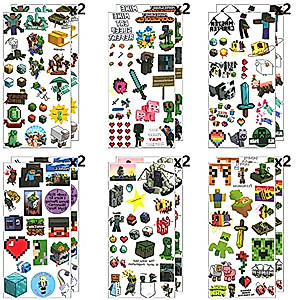 12 Sheets Cute Temporary Tattoos for Kids, Pixel Birthday Party Supplies Pixel Style Party Favors for Kids Boys Girls Pixel Video Game Party Decorations Pixel Theme Party Gifts