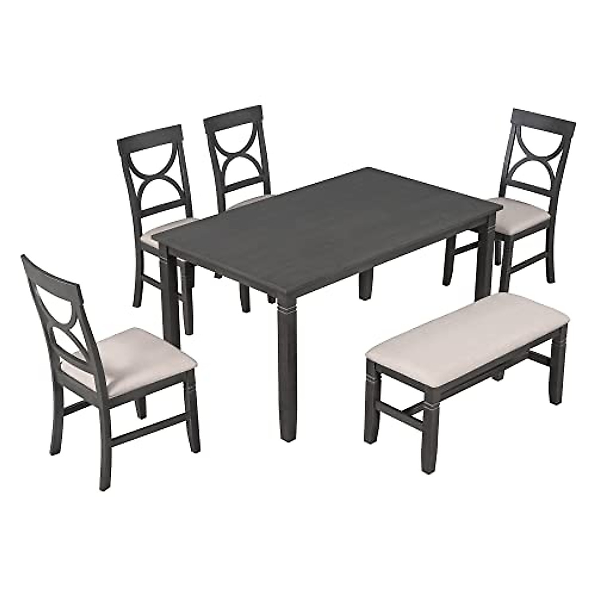 WOZNLA Room 6-Piece Farmhouse Dining Set | Rustic Wood Table with Cushioned Chairs, Bench, and Sturdy Base | Family-Friendly Kitchen Furniture | Comfortable Seating for Memorable Meals, Gray