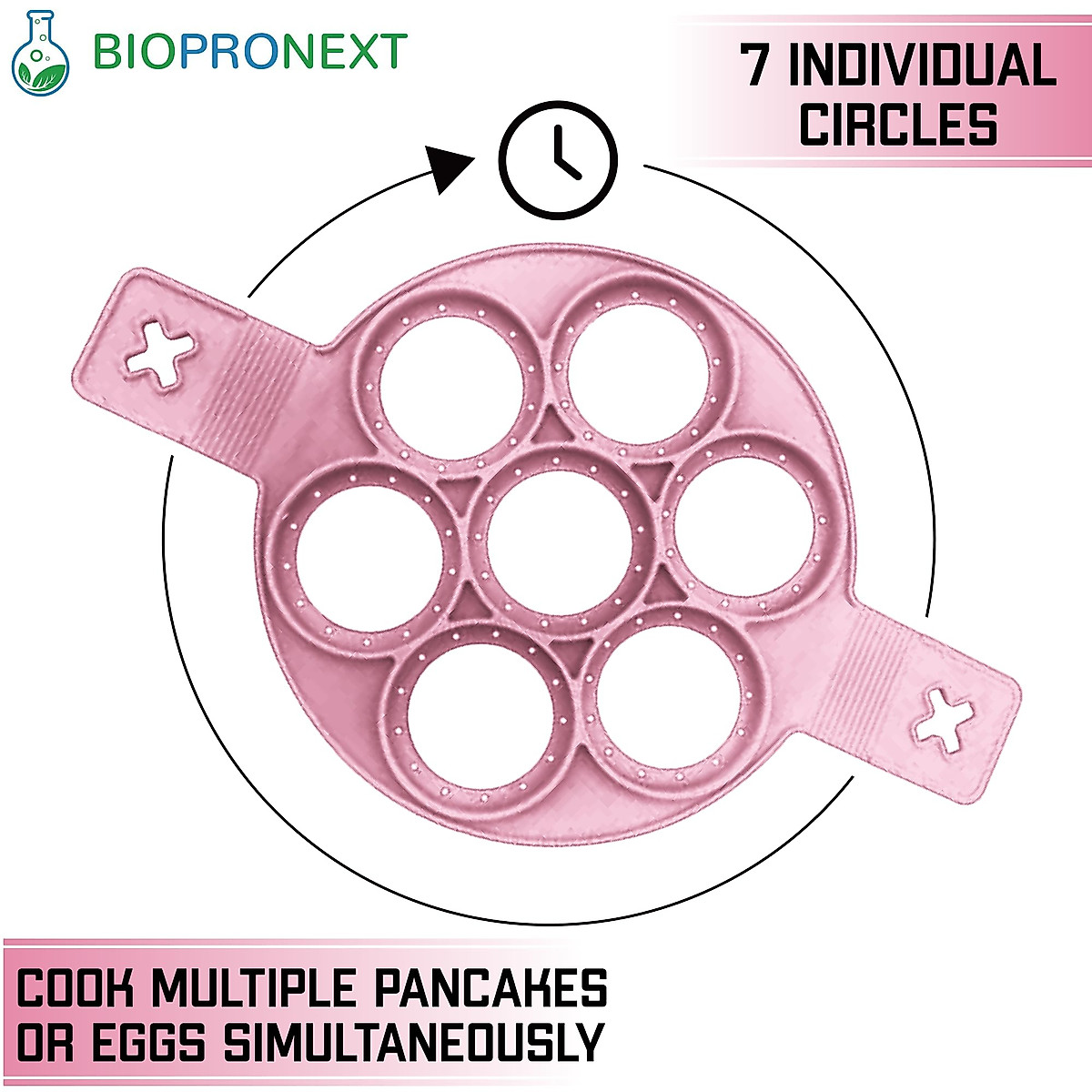 BIOPRONEXT Silicone Non Stick Pancake Maker - 7 Circles Mini Pancake Mold - Silicone Pancake Mold - Silicone Egg Rings for Griddle with Handles - Pancake Molds for Griddle Frying Eggs - Pink