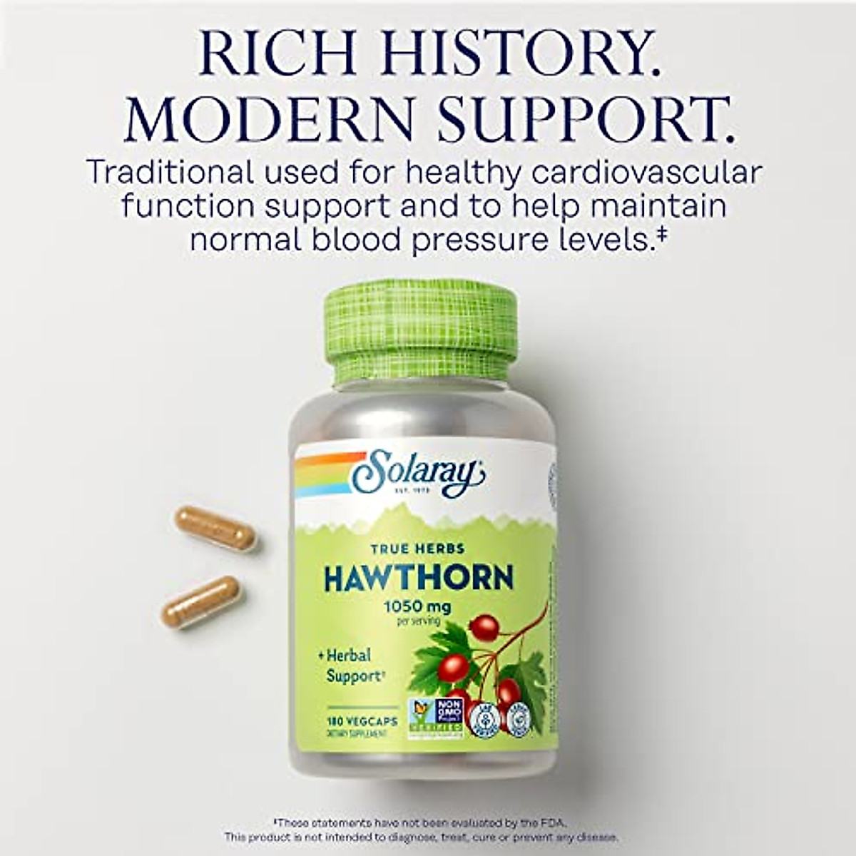 SOLARAY Hawthorn Berry Capsules 1050 mg, Hawthorne Supplement for Cardiovascular Function & Circulation Support, 60 Day Money-Back Guarantee, Whole Berry, Vegan, 90 Servings, 180 VegCaps