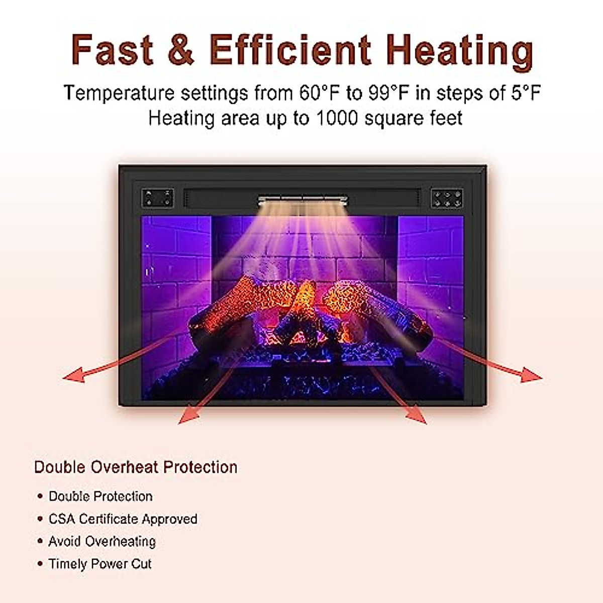 35 Inch Electric Fireplace Inserts Recessed Electric Fireplace Heater with Log Designed for Stud, Cabinet & Mantel Low Noise 1500W,6 Flame Colors,8h Timer,Control by Touch Screen & Remote,Black