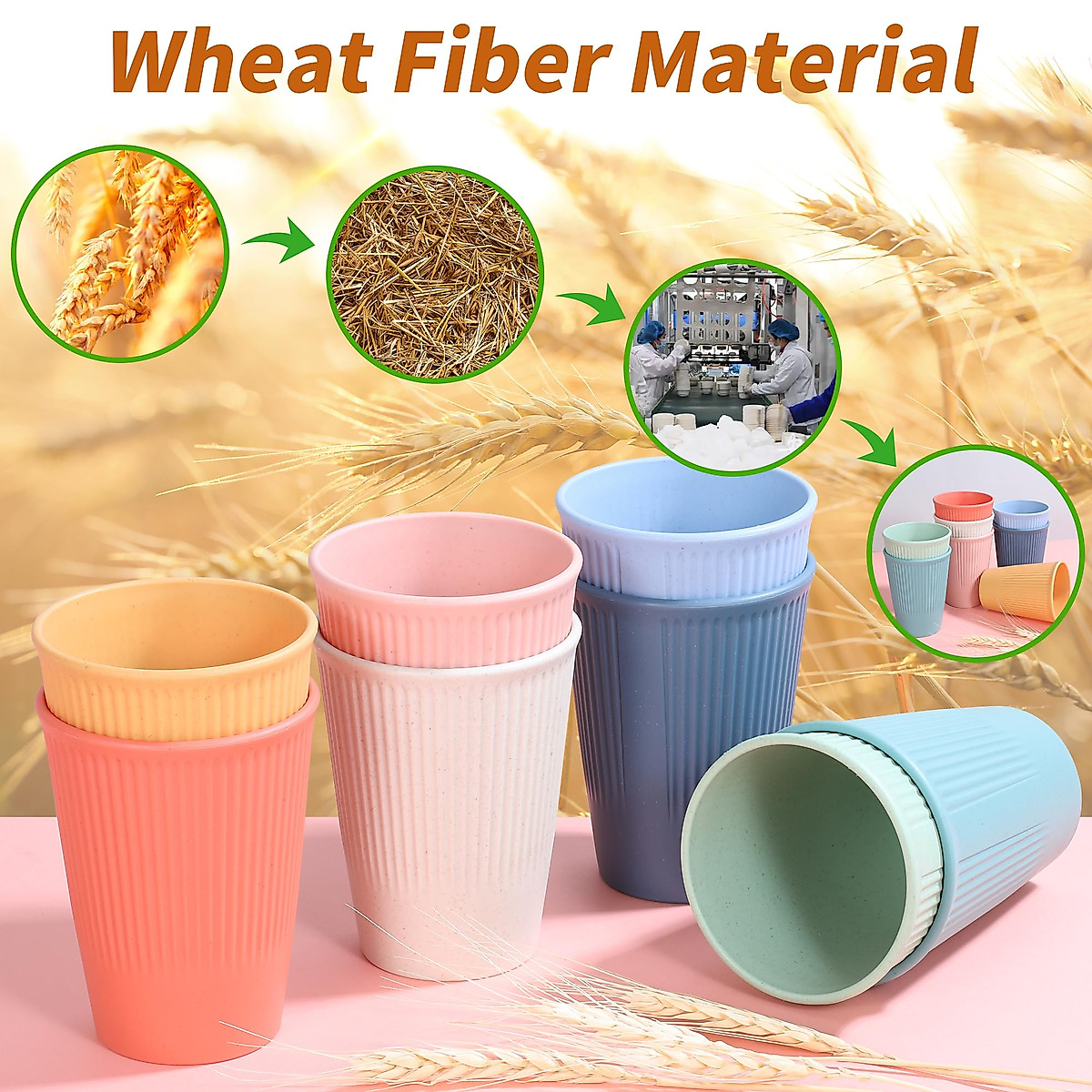 becutlery Wheat Straw Cups, Unbreakable Drinking Cup Dishwasher Safe Water Glasses with 8 Colors for Drinking Water, Juice,Milk, Soda, Coffee,Easy to Clean & Reusable (8 Pcs)