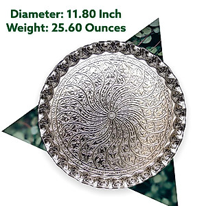 Alisveristime Turkish Ottoman Coffee Tea Serving Tray – 11.8 Inches, Wavy Zamac Tray with Traditional Motifs, Available in Five Color Variations (Silver)