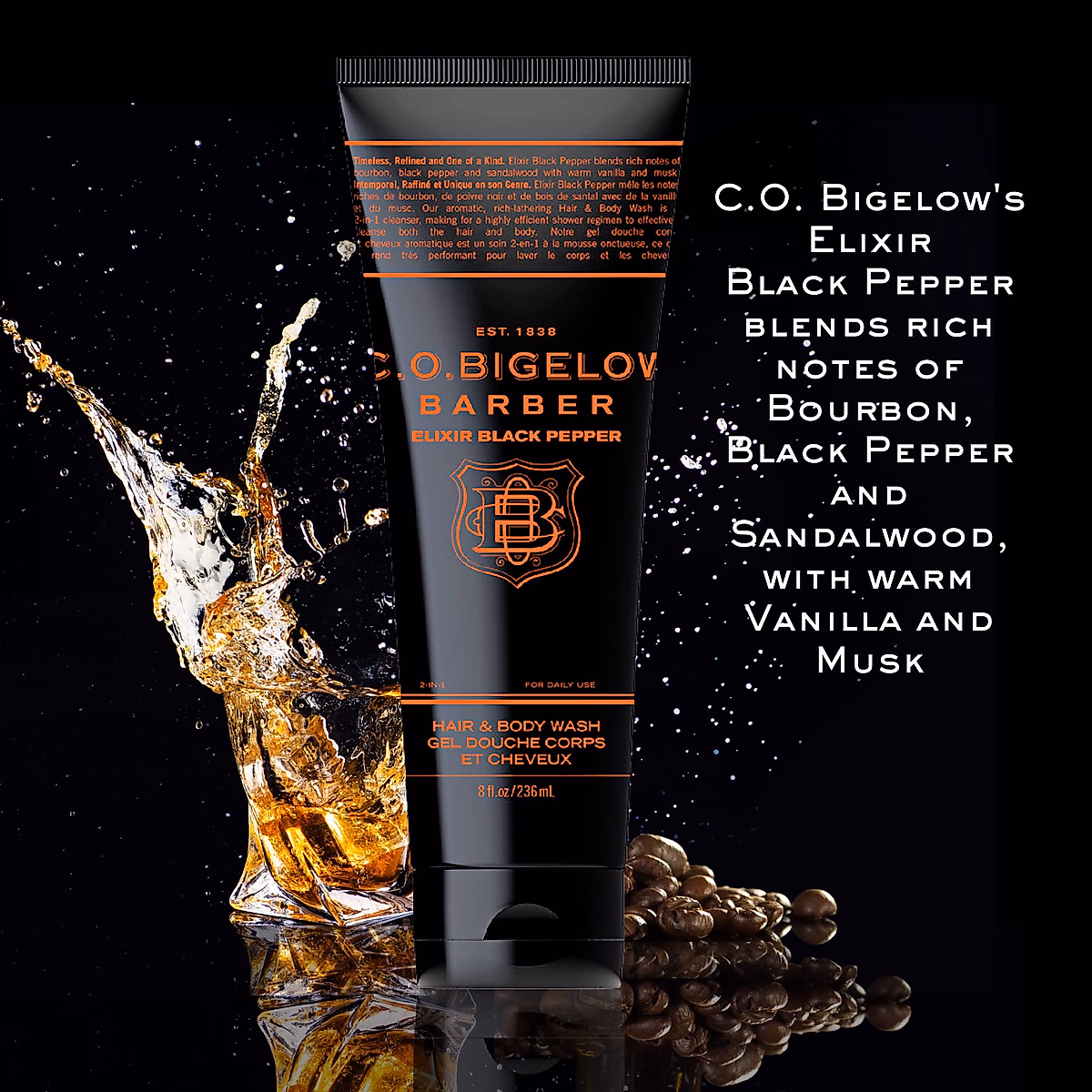 C.O. Bigelow Elixir Black Pepper No. 1609 Bourbon & Sandalwood Moisturizing Shampoo and Body Wash for Men, 8 fl oz