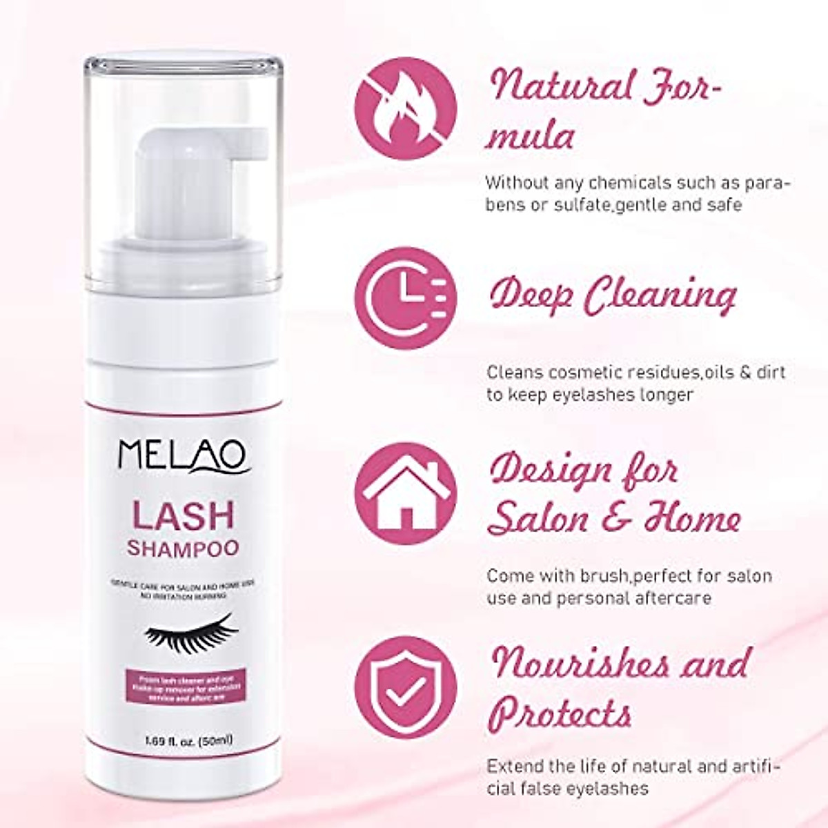 Eyelash Extension Cleanser Eyelid Foaming Cleanser Lash Foam Shampoo for Extensions, Oil, Paraben & Sulfate Free,100% Safe for Natural Lashes, Non-Irritating, Perfect for Professional Salon 1.69fl.oz