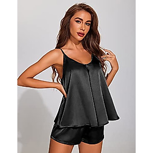 Ekouaer Silk Pajamas Sets Women Satin 2 Piece Silk Pjs Cami Top Sleepwear Black