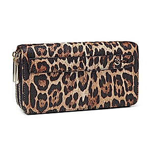 Daisy Rose Dual Zipper Phone Clutch and Wallet for Women - RFID Blocking, PU Vegan Leather Multi-Card Organizer - Leopard