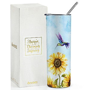 Onebttl Hummingbird Skinny Tumbler Gifts For Women, Female, Her and Hummingbird lovers - 20oz/590ml Stainless Steel Insulated Tumbler with Straw, Lid, Message Card - White