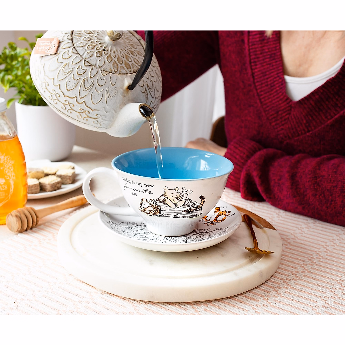 Silver Buffalo Disney Winnie the Pooh Walking Classic Scene Ceramic Teacup and Saucer, 12 Ounces