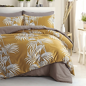 Eikei Midnight Blue Botanical Print Duvet Quilt Cover Egyptian Cotton Bedding Set Modern Luxury Minimal Palm Leaf Dark Charcoal Navy Ocher Floral Watercolor Design (Mustard Yellow, King)