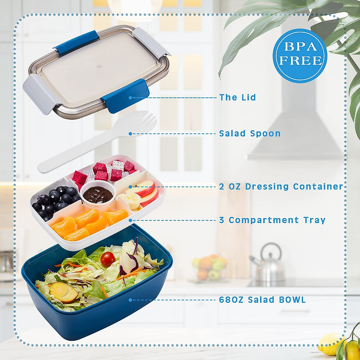 Tessco 6 Pcs Large Salad Container for Lunch 68 oz Salad Bowls Stackable Lunch Box Containers with 5 Compartment and Sauce Cups for Adults Meal Snack Food Dressing Fruit, Pink Green Blue