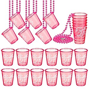 Bokon 24 Pcs 21st Birthday Shot Glass Finally 21 Birthday Shot Necklaces Cups Plastic 21st Shot Glass on Beaded Necklaces for Adults Party Supplies Favors Decorations(Hot Pink)