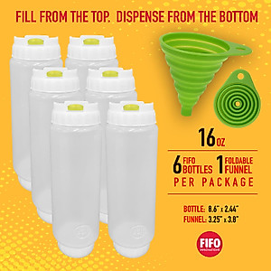 FIFO Squeeze Bottle Refillable (6 Pack) Yellow Dispenser for Most Condiments, Smooth Sauces, Ketchup, Mustard, BBQ and Dressing with Flexible Funnel (Yellow)