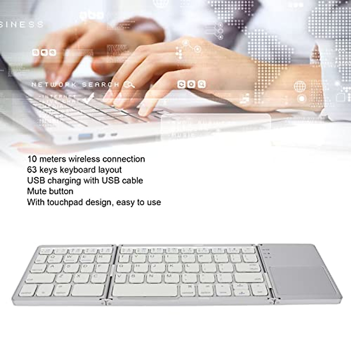 3 Folding Keyboard with Touchpad, 63 Keys Bluetooth 3.0 10m Working Distance Portable Wireless Keyboard for Smartphone Tablet Laptop (Silver White)