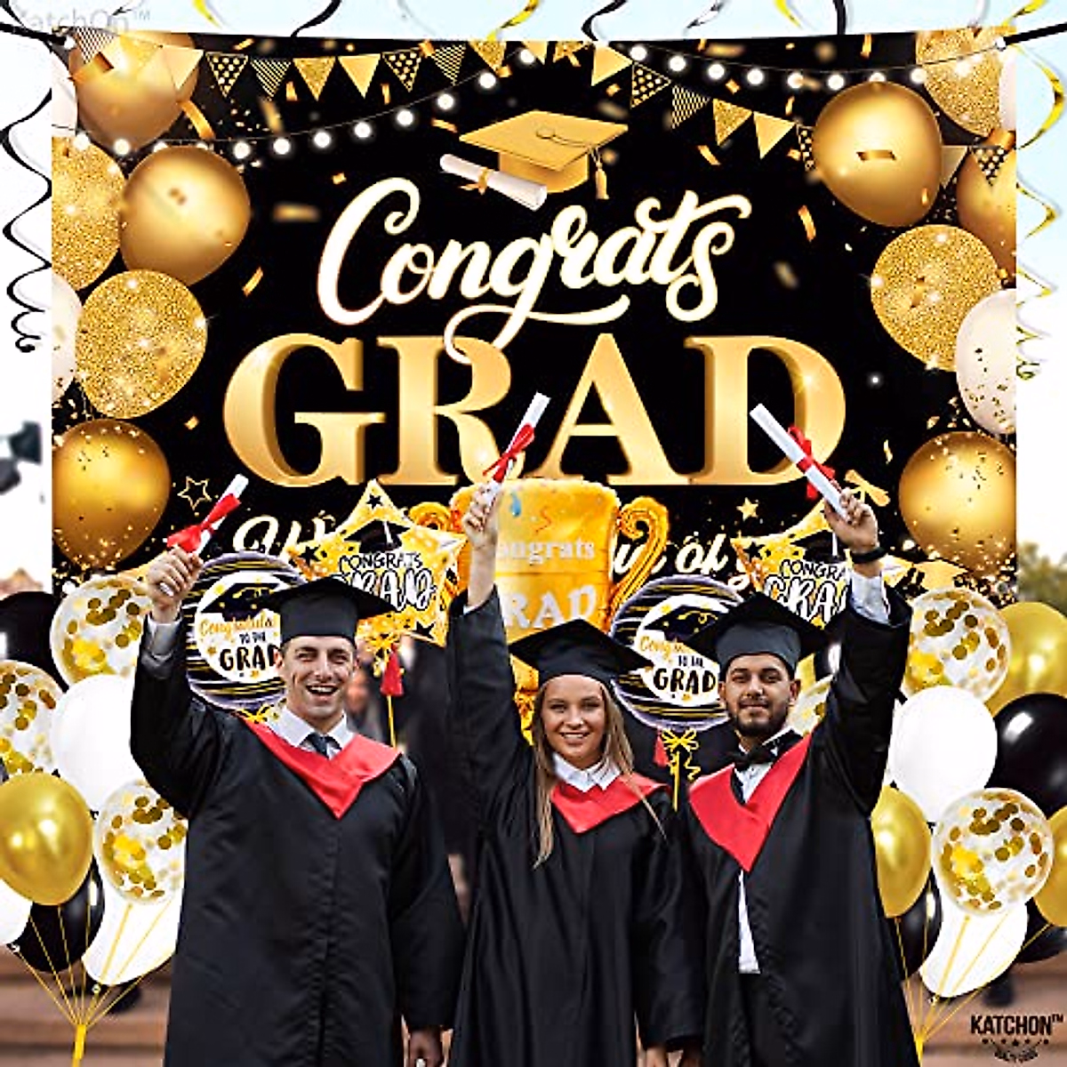 KatchOn, Graduation Decorations Class of 2023 Set - Big, Pack of 49 | Black and Gold Congrats Grad Banner, Graduation Balloons | Graduation Backdrop for Black and Gold Graduation Decorations 2023…