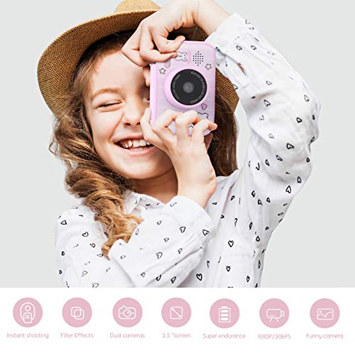 Digital Kids Camera, 3.5 inch HD 1080P 1000mah, Eye Protection Screen, Children MP3 Player Photography Toy, Christmas Birthday Gifts for Boys Girls Age 3 12(pink)
